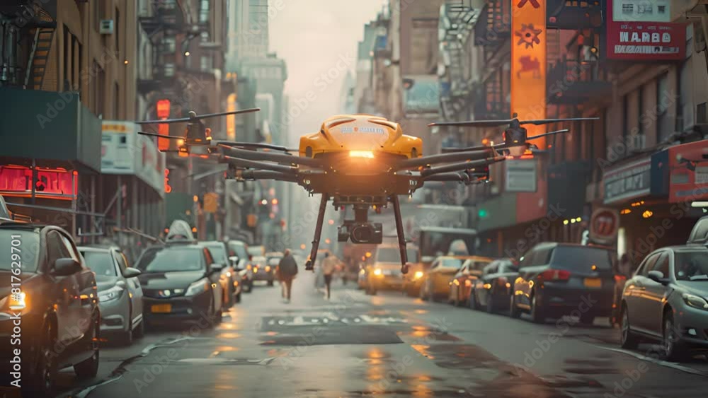 A futuristic scene where delivery drones and autonomous vehicles work together seamlessly ...