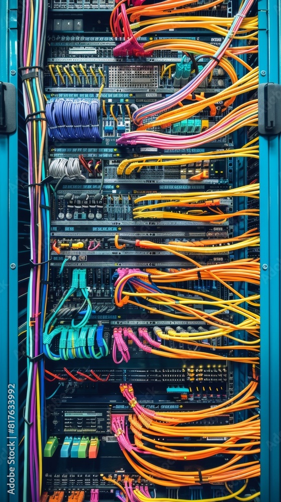 Network rack wiring diagram in blueprint style, color-coded cables ...