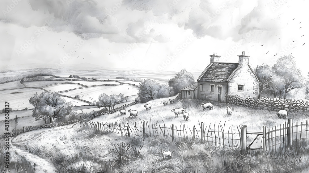 Sketch a traditional Irish countryside scene with rolling hills, stone ...