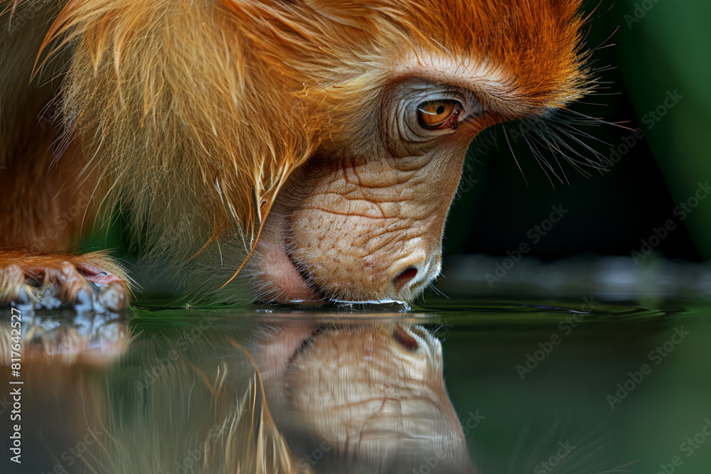 A proboscis monkey staring intently at its reflection in the water, its ...