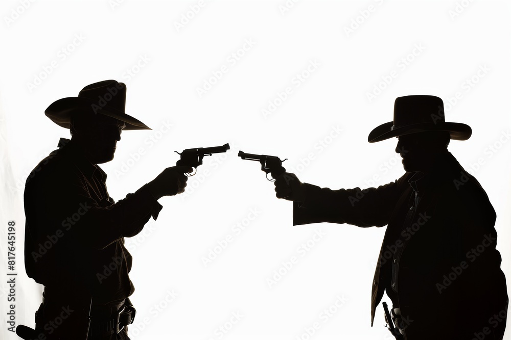 Silhouettes of two cowboys facing off in a classic Wild West standoff ...