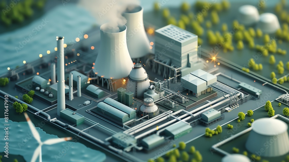 energy industry flat design top view power plant 3D render ...
