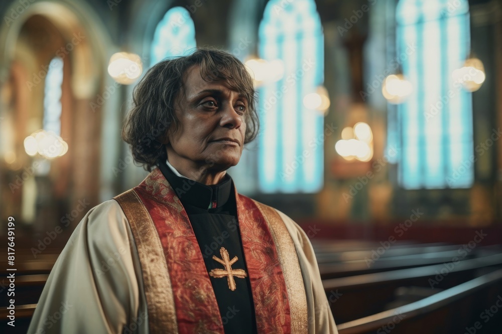 Mature female priest wearing chasuble while looking away at church ...