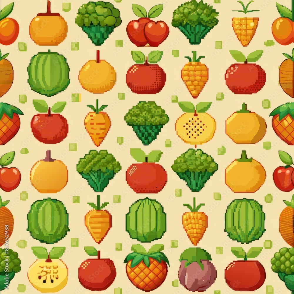 Seamless pattern of pixelated fruits and vegetables arranged in neat ...