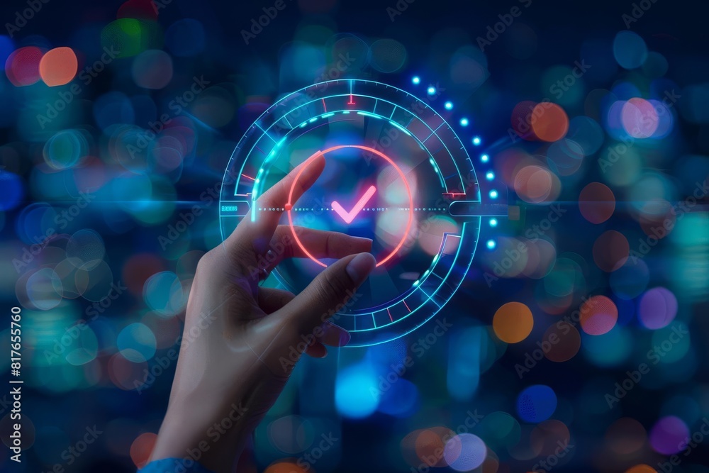 Engaging with digital customer feedback system, hand pressing on a ...