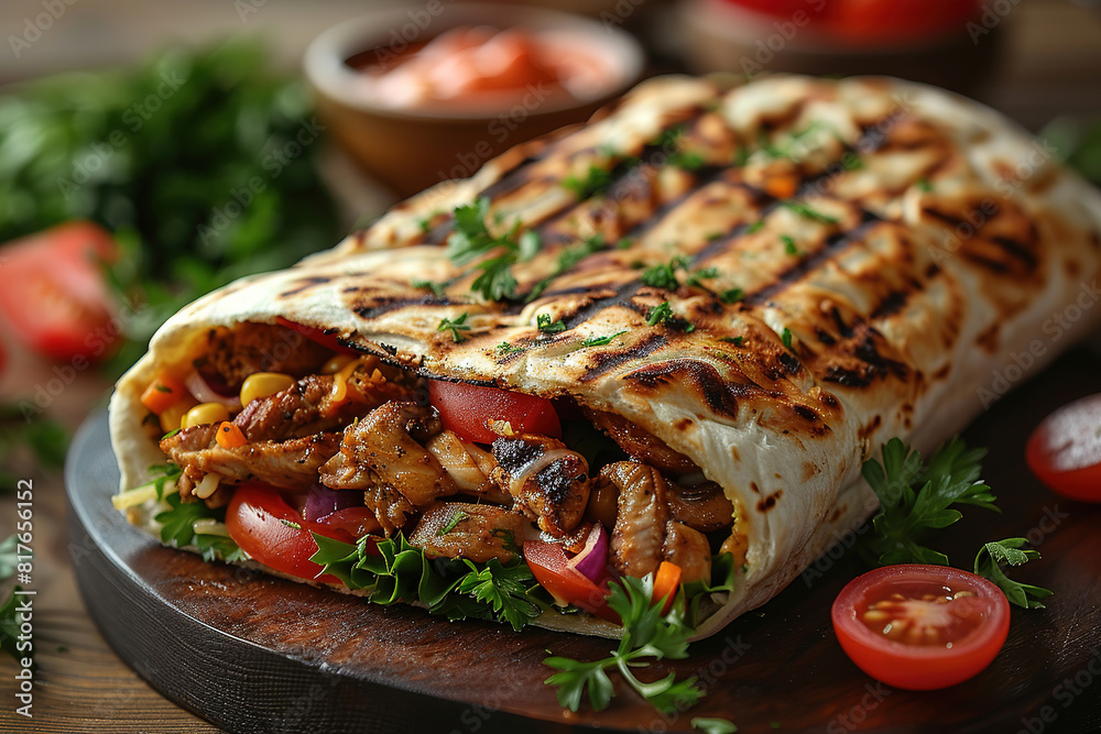 Shawarma sandwich gyro fresh roll chicken beef, grilled meat, mushrooms ...