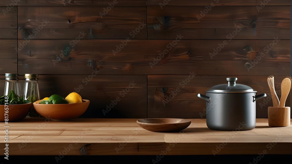 kitchen utensils room Simple, bare wooden counter. Tabletop with copy ...