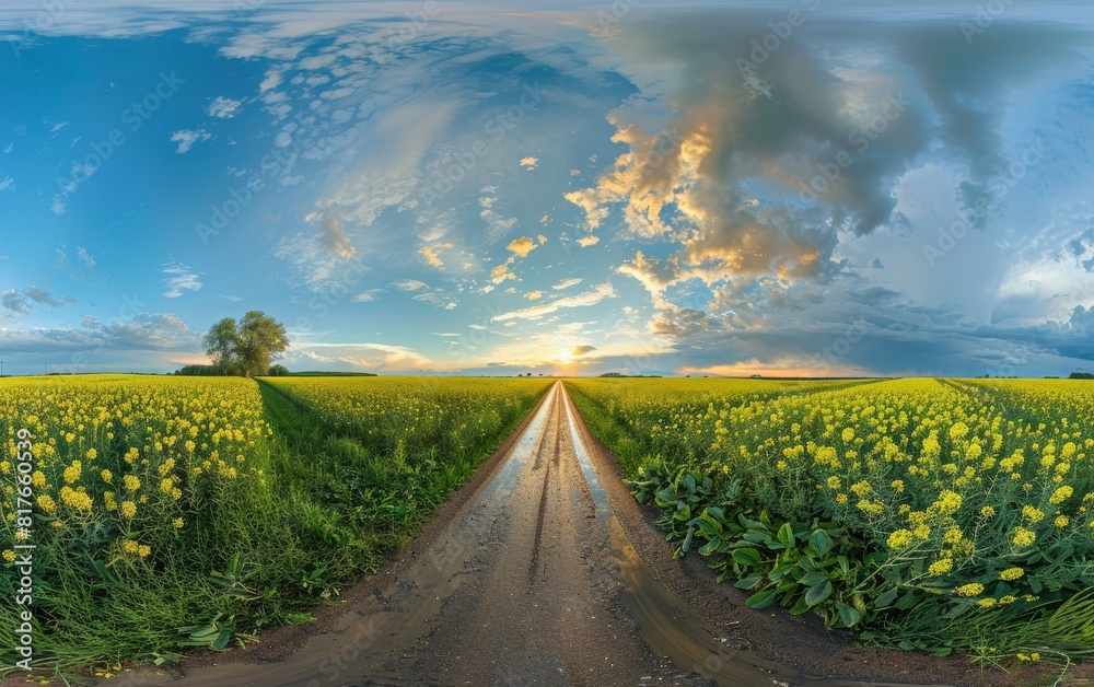 360 degree panoramic view of wet asphalt road in canola fields at ...