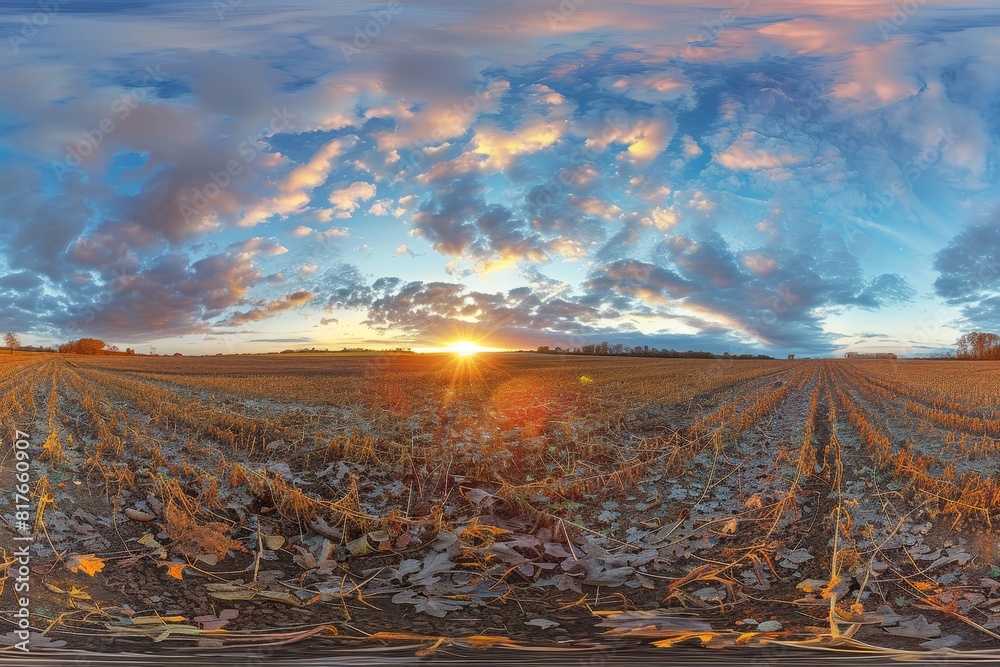 360 degree spherical HDRI panorama of fields in autumn evening sunset ...
