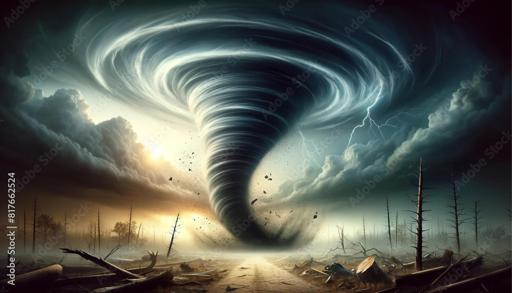 Powerful Tornado Center with Swirling Debris and Lightning, Dramatic ...