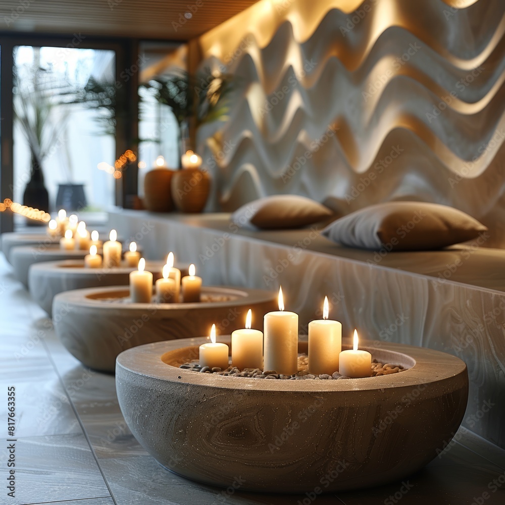 The photo shows a beautiful spa with a wave-like wall and several ...