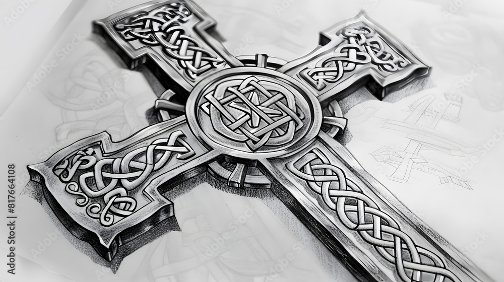 A detailed drawing of a Celtic cross, adorned with intricate knotwork ...