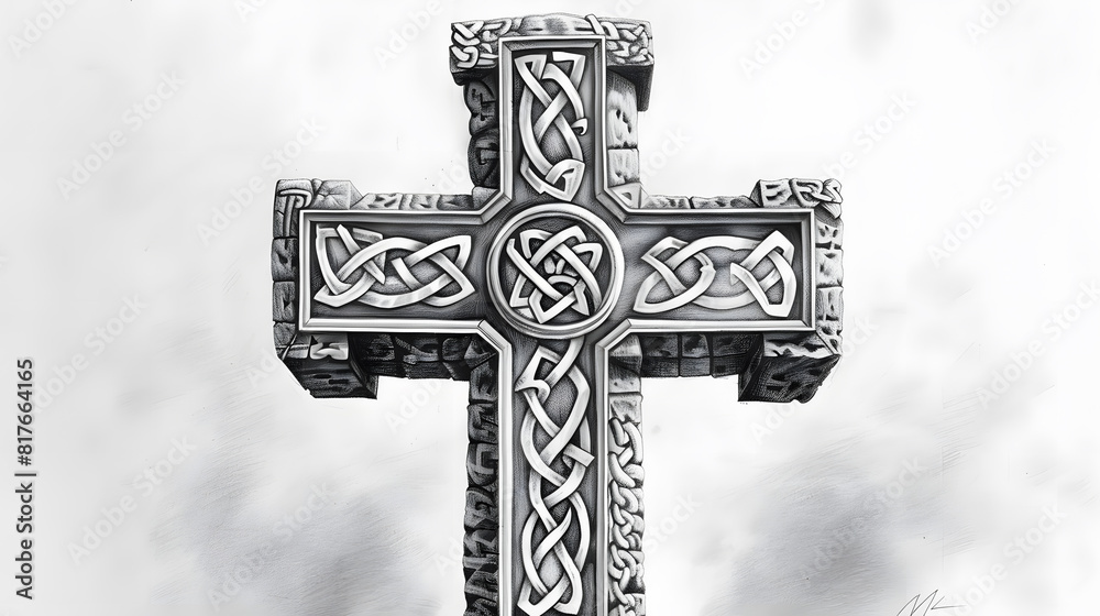 A detailed drawing of a Celtic cross, adorned with intricate knotwork ...