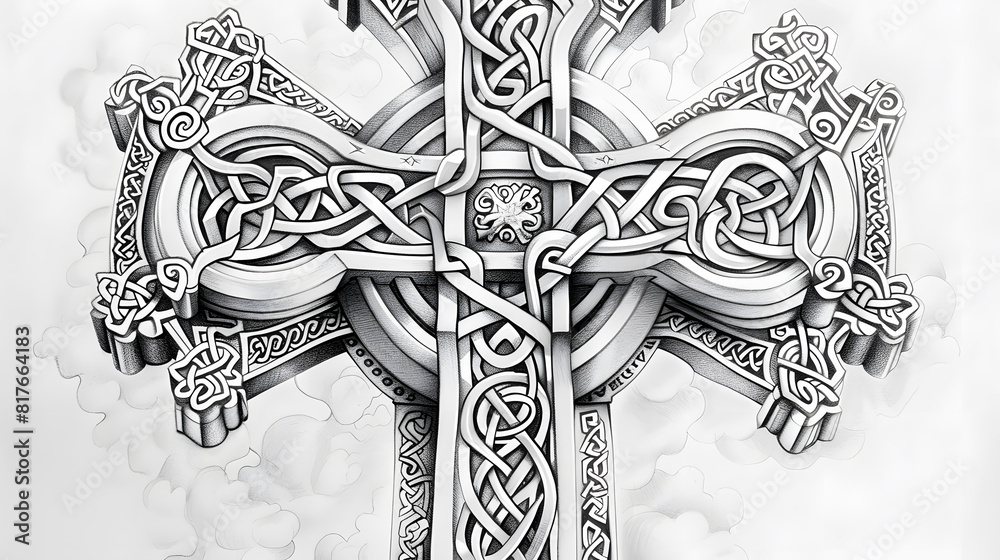 A detailed drawing of a Celtic cross, adorned with intricate knotwork ...