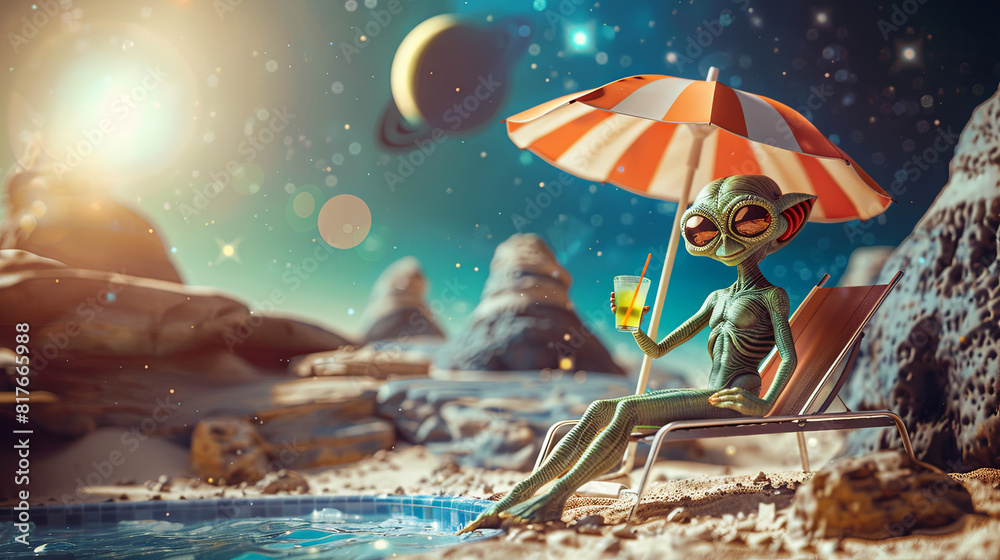 Extraterrestrial beings relaxing on a sun lounger under a beach ...