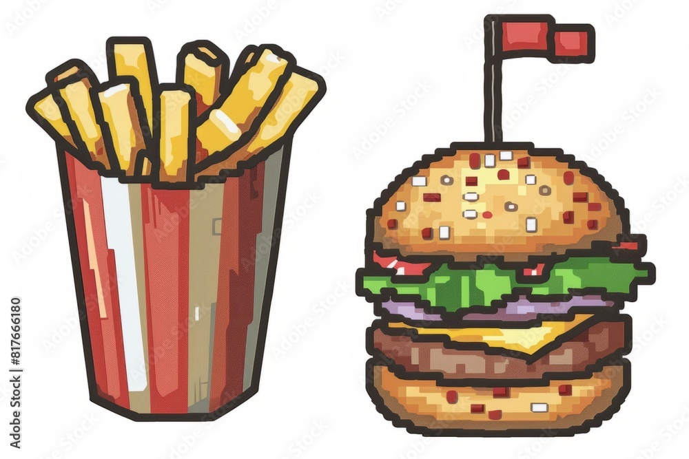Cartoon cute doodles of a pixel art-style burger and fries, perfect for ...