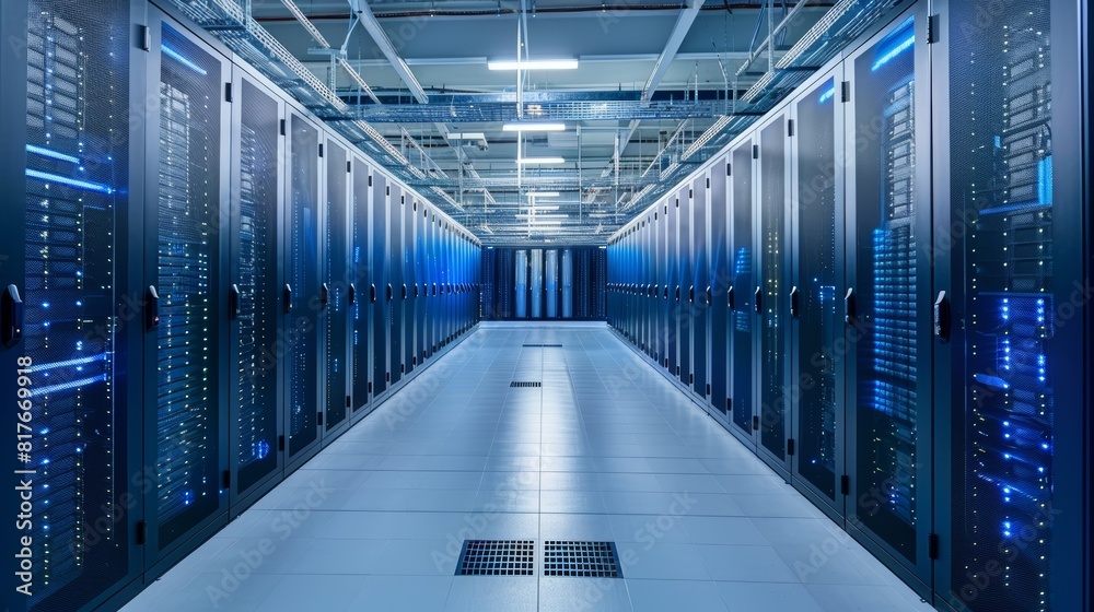 Conceptual image of a modern data center. Rows of server racks with ...