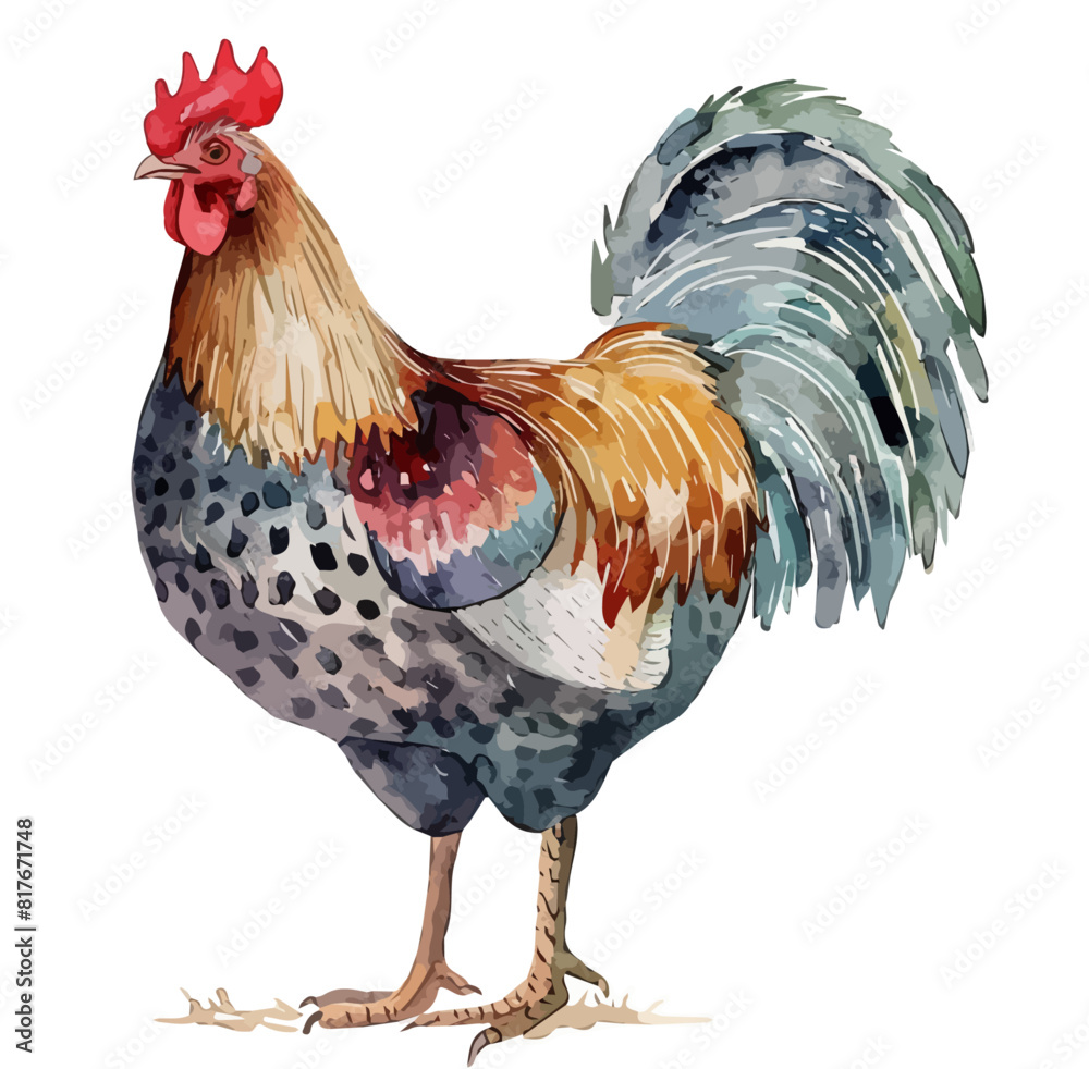 Watercolor drawing of a Chicken (Rooster), isolated on a white ...