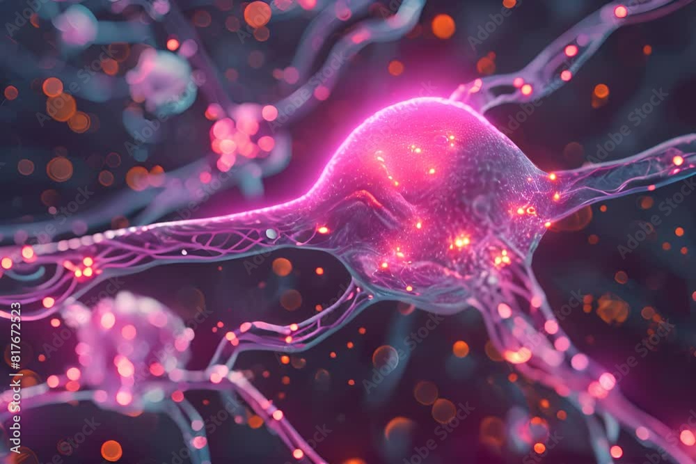 Neuron network under a microscope, highlighting synaptic connections, blending scientific ...