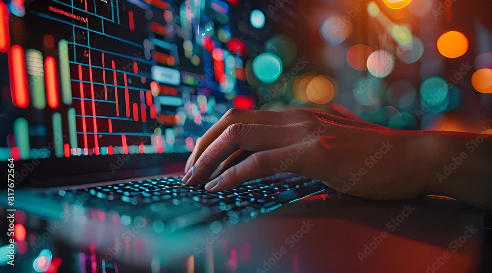 Close-up of hands typing on a laptop with stock market graphs on the ...
