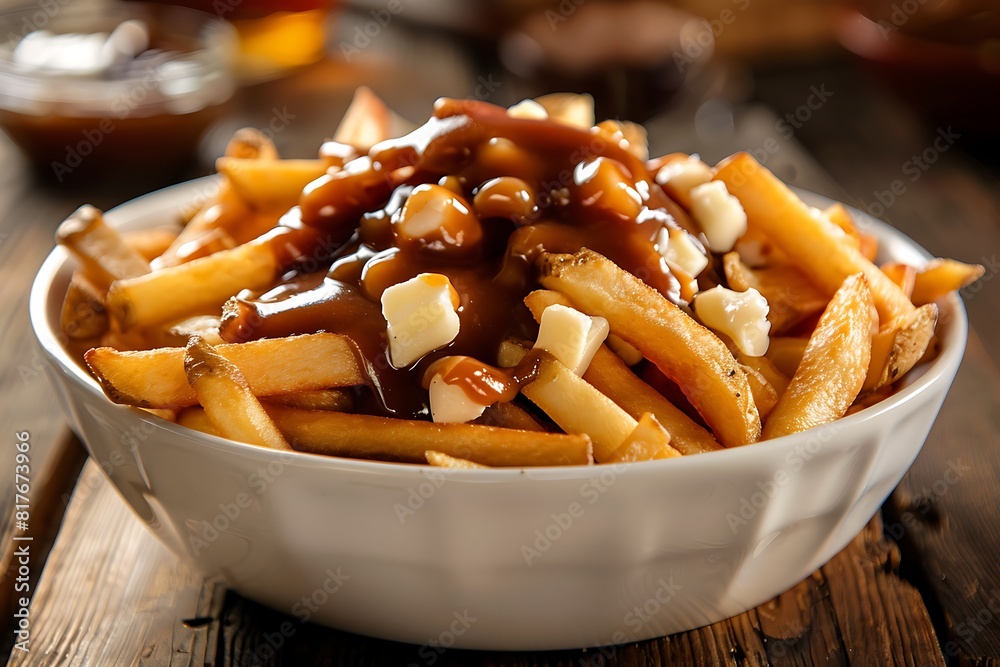 Canadian Poutine food dish with French fries and cheese curds topped ...