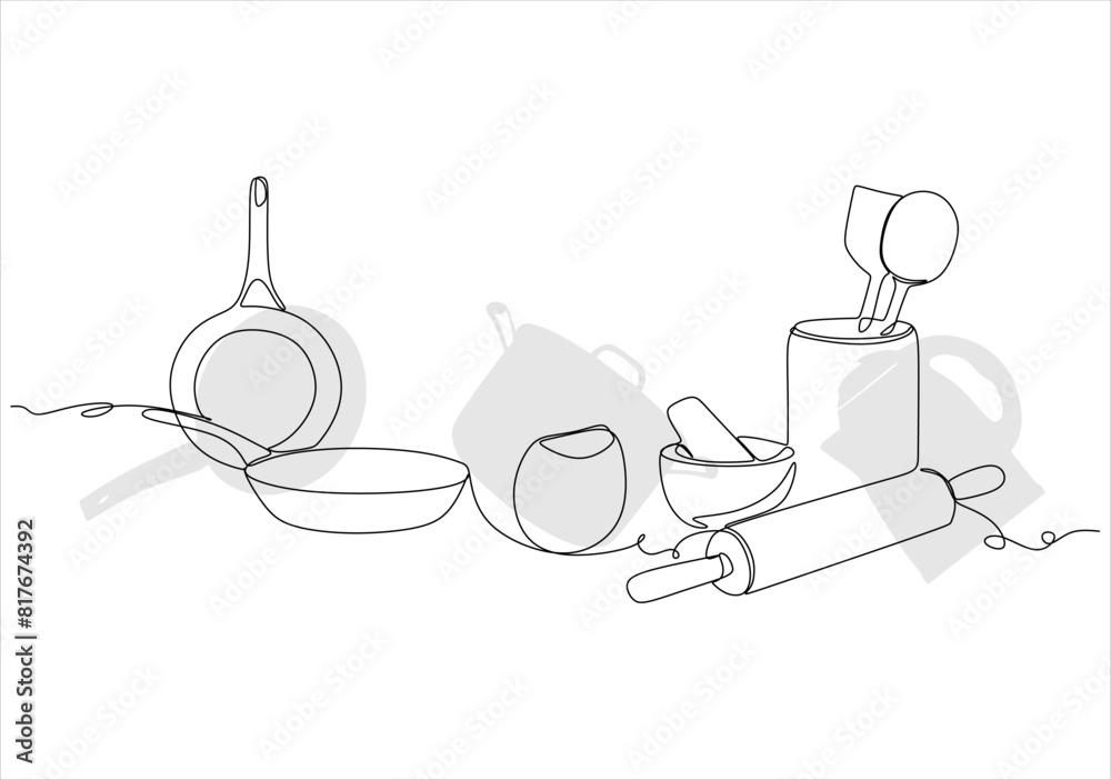 Horizontal cooking template. Background with dishes. Continuous drawing ...