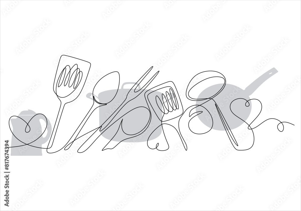 Horizontal cooking template. Background with dishes. Continuous drawing ...
