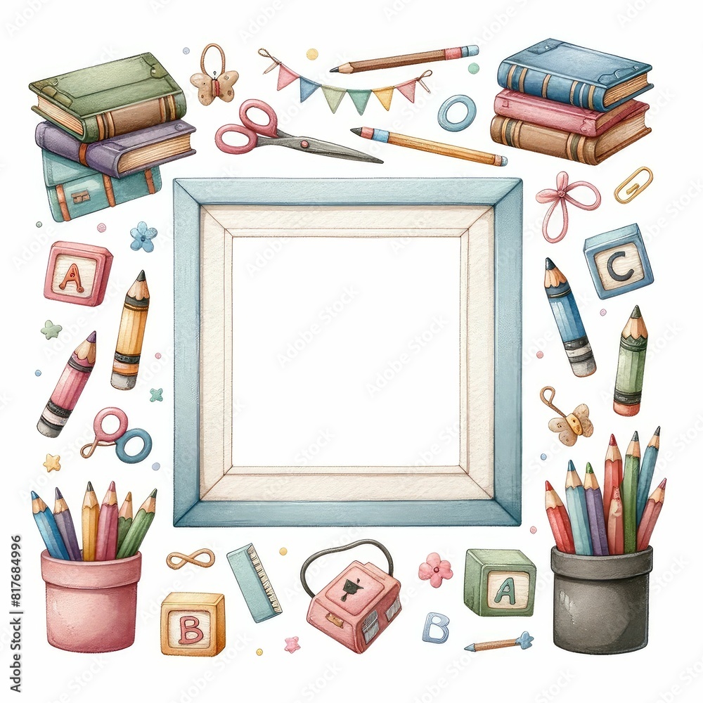 Education themed frame or border for photos and text, watercolor ...