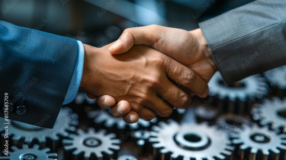 Foto de High contrast image of a handshake with mechanical gears ...