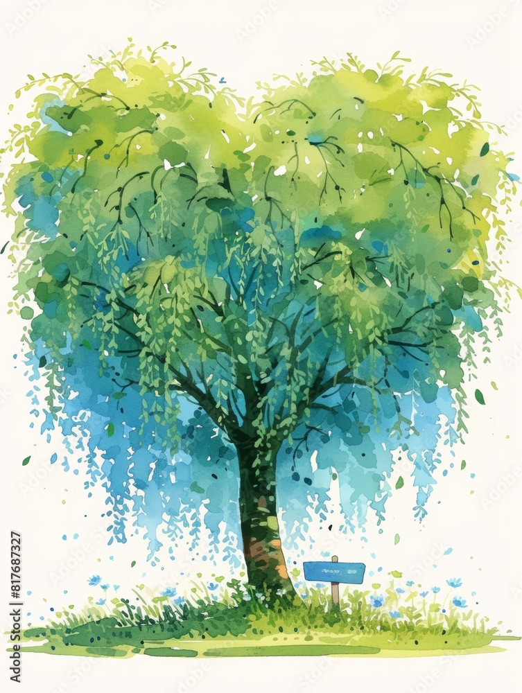 Willow tree, painted with watercolor paints, bright colors, rough 2D ...
