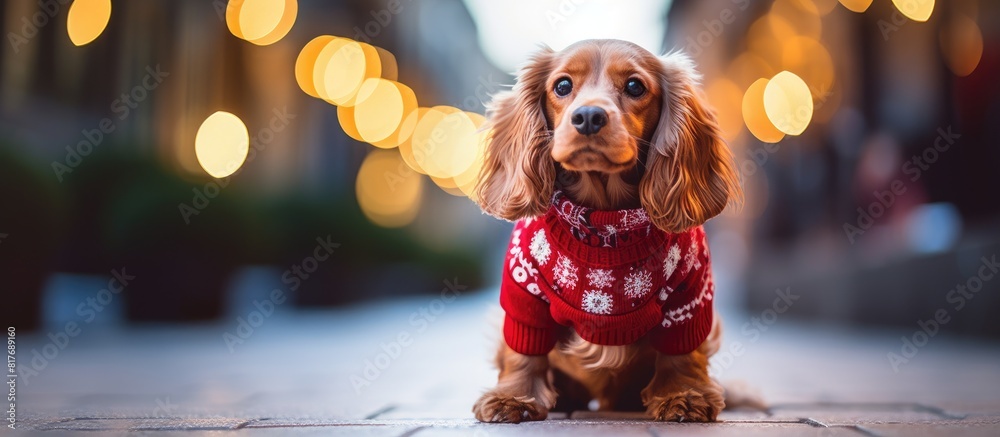 Cute Cocker Spaniel wearing a Christmas sweater on a blurry background ...