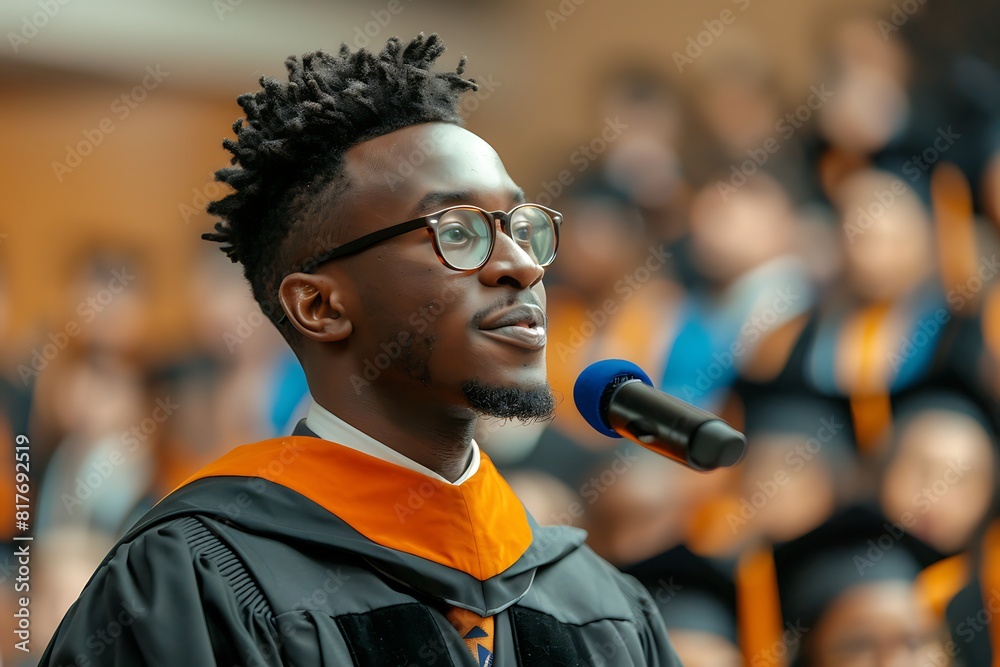 Valedictorian young student man giving graduation speech to other ...