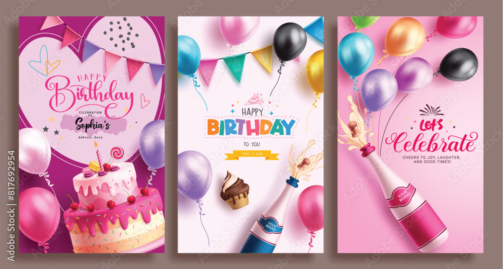 Happy birthday greeting vector poster set template. Birthday invitation card with cake, wine ...