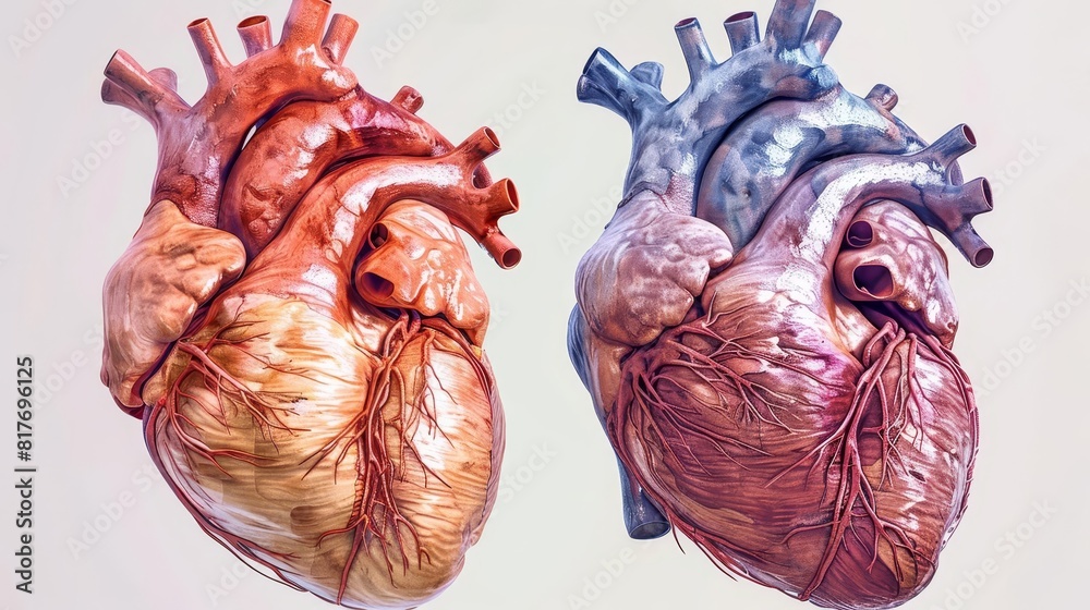 An illustration of a healthy versus an unhealthy heart, highlighting ...