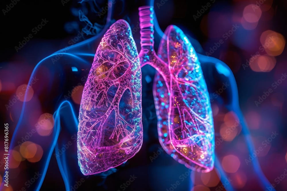 A 3D model of the lungs with visual effects showing the process of ...