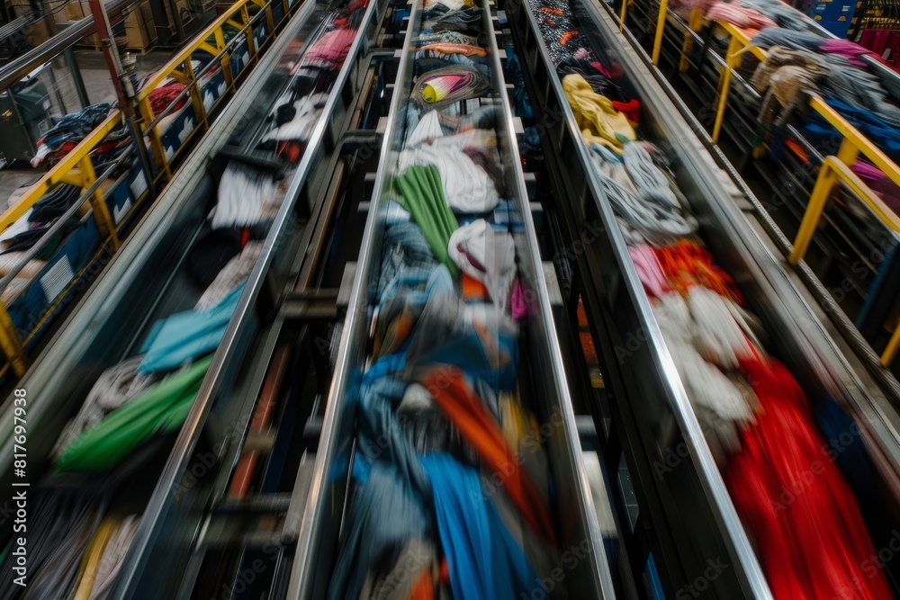Conveyor belt system moving discarded clothes through a recycling ...