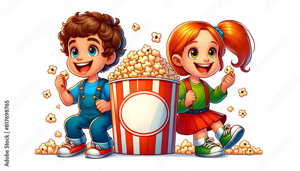 Happy Kids Munching Popcorn! Cartoon Illustration for Children's Books ...