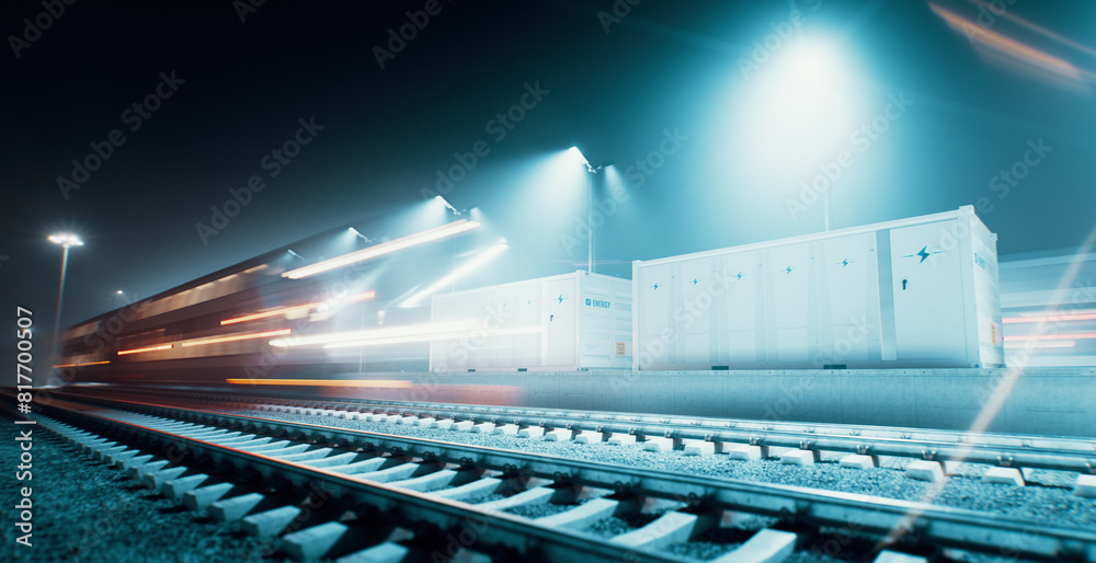 A long-exposure nighttime image showing an electrical energy storage ...