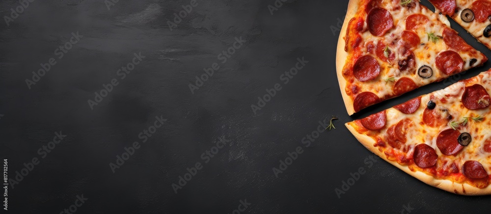 A gray background showcases a top down view of an Italian pizza split ...