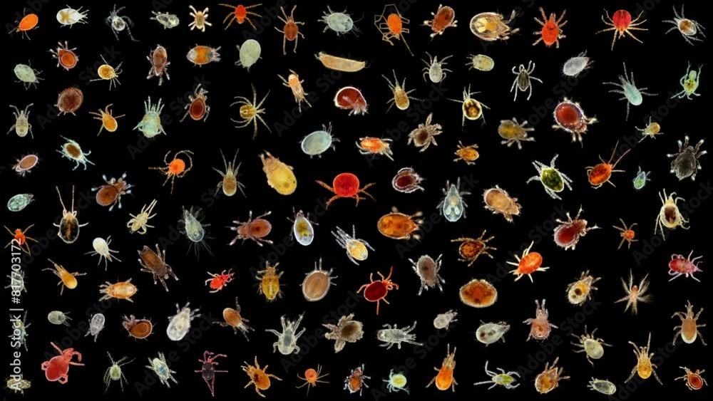 Collection of mites (acari) under a microscope. Variety of different ...