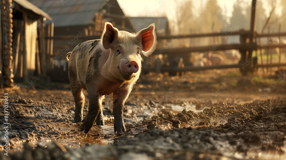 little pig playing alone in the mud in front of the farm, the details ...