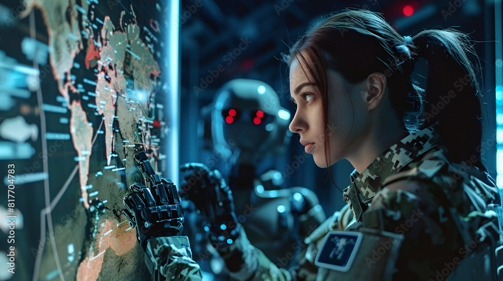 Soldier and robot analyzing digital world map in high-tech war room ...