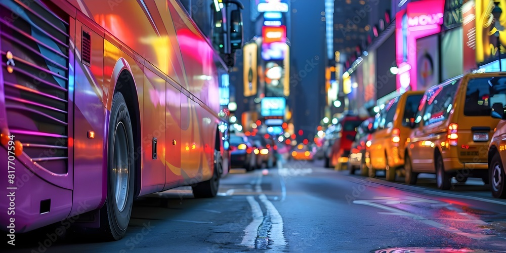 Tour bus passes parked minibuses in a busy city street. Concept City ...