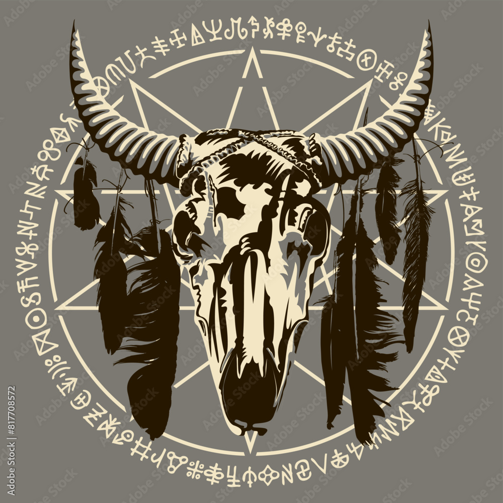 Vector illustration with a horned cow or bull skull with crow feathers ...