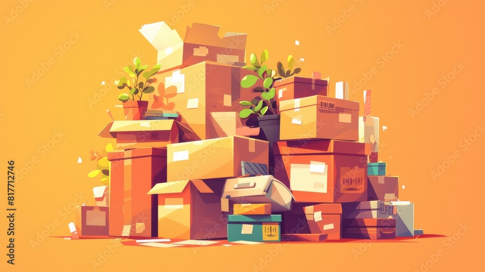 Stacking cartons to deliver to attic or garage. Isolated pile of ...