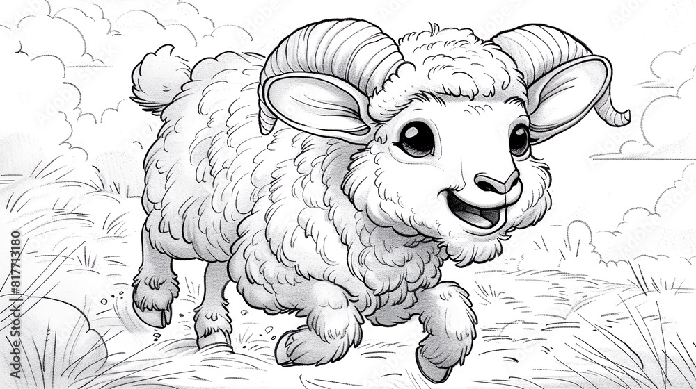 running ram, black and white illustration suitable as a coloring book ...
