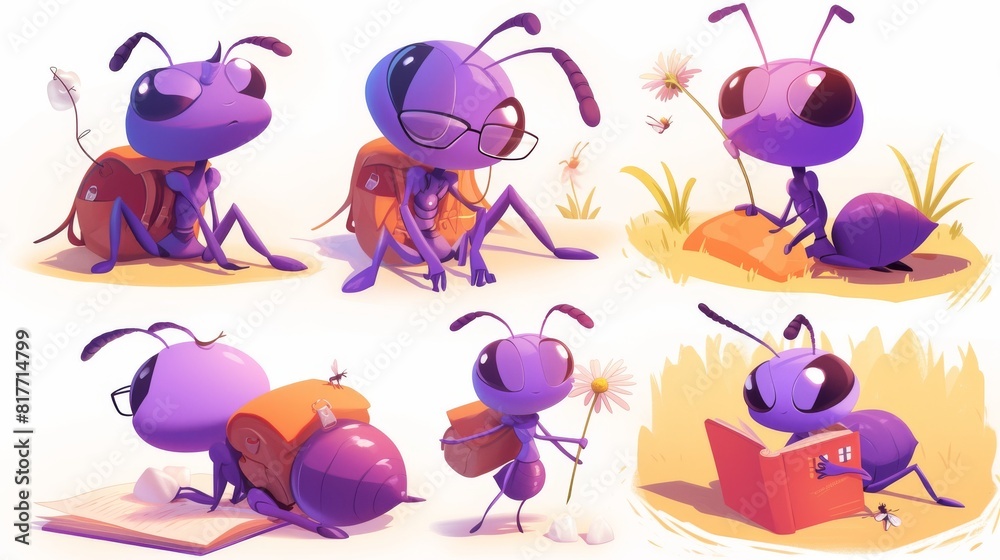 Cartoon ant character with purple color in various poses. Comic modern ...
