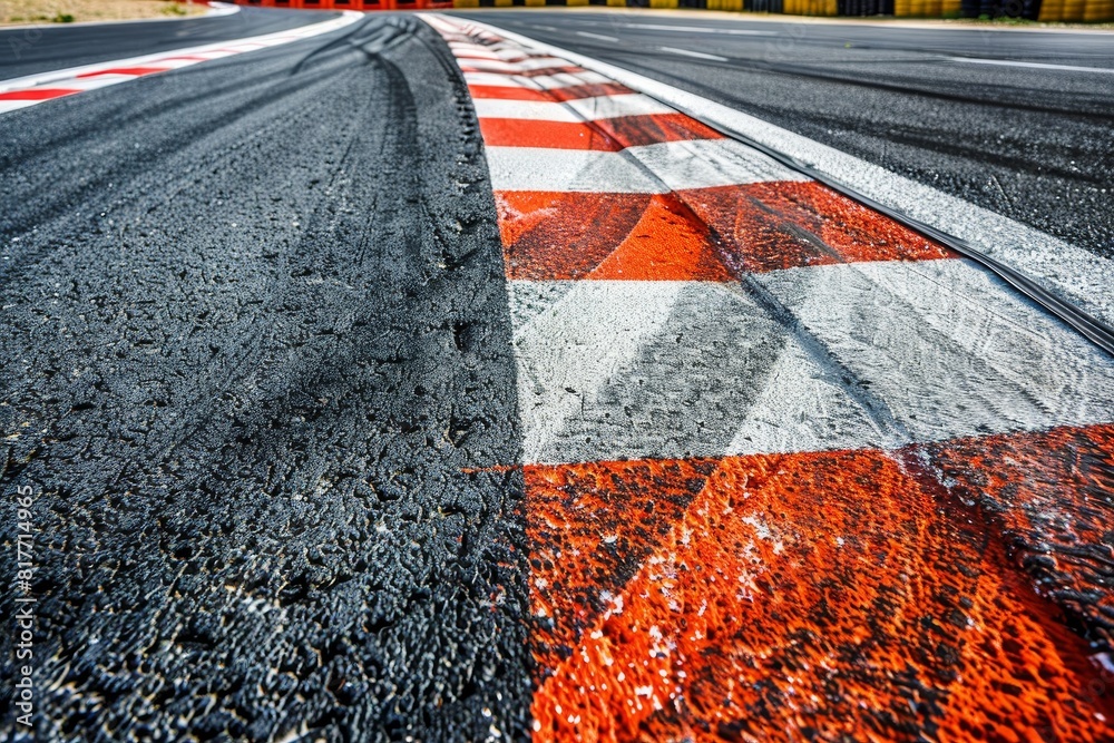 Finish line at go kart race track side view with asphalt track and ...