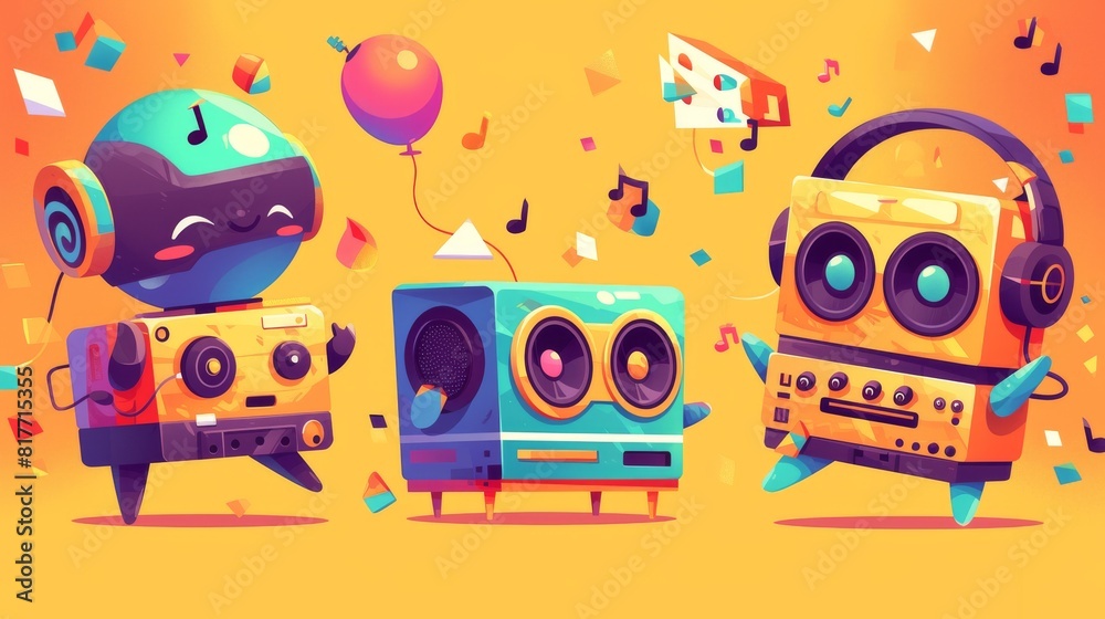 Cartoon disco ball, radio, and cassette dance element for party ...
