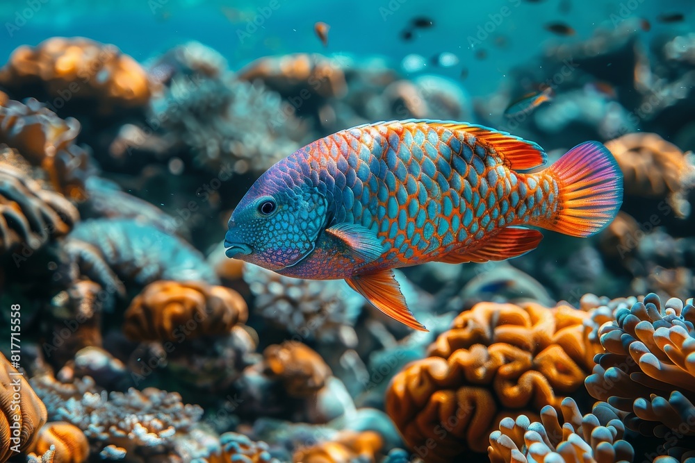 Parrotfish grazing on coral reefs, symbolizing reef health and ...